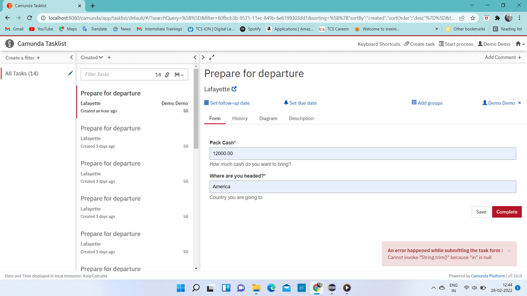 Error while submitting task form, cannot invoke String.trim ...