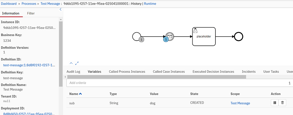 Camunda 7.17 : Message Intermediate Catch Event : Correlation not working with process variables ...